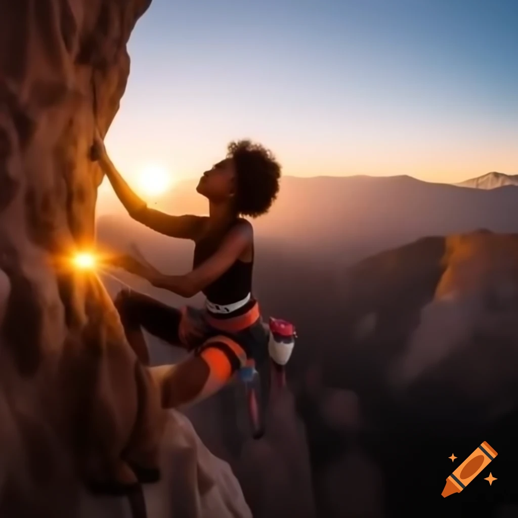 Black female climber on rugged cliff at sunset with climbing gear on ...