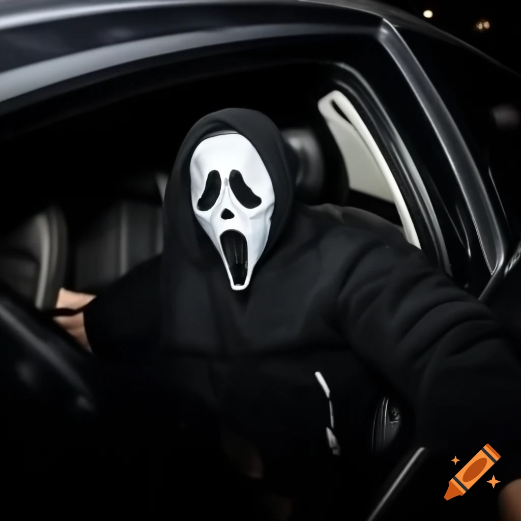 Man in ghost face mask and black clothing sitting in car at night on ...