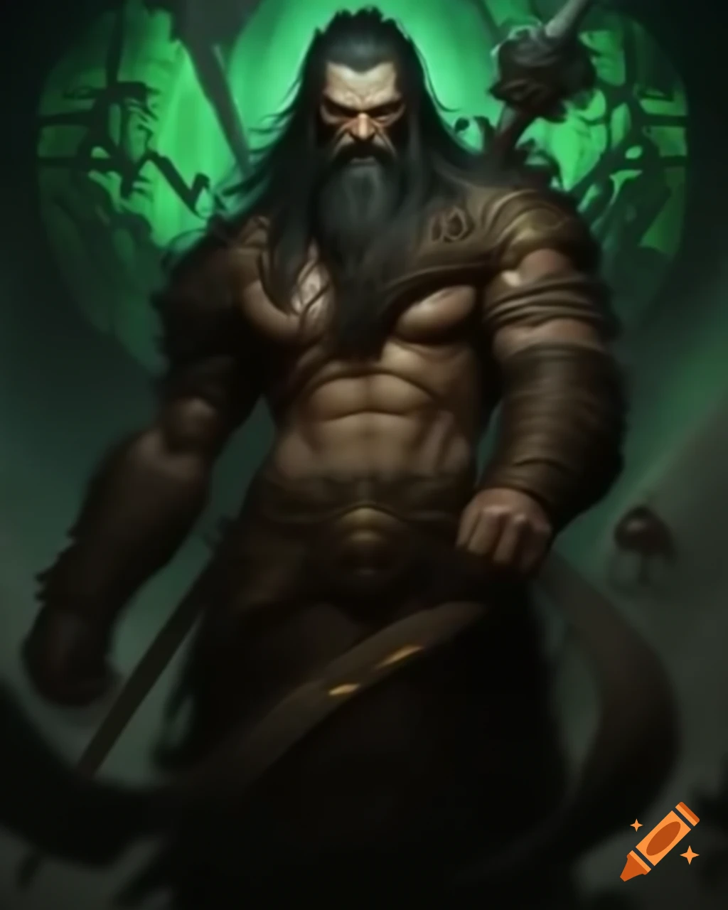 Detailed illustration of muscular male monk in dark robes with intense ...