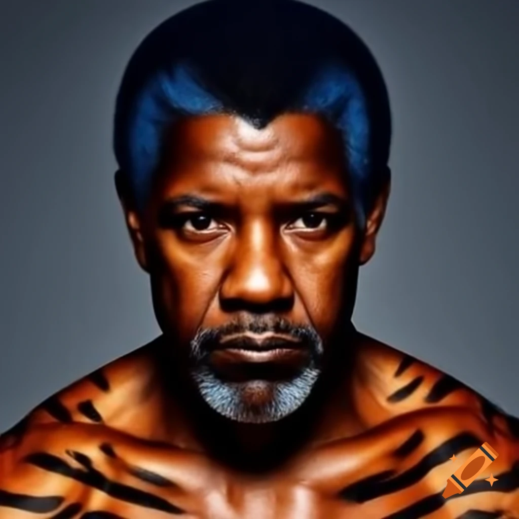 Muscular person with tiger-style makeup featuring blue hair and orange ...