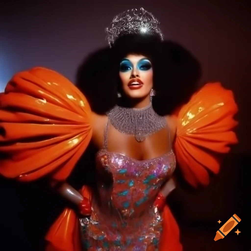 Disco themed look for drag queen Kira Chai, blending '70s style with vibrant sequins on Craiyon