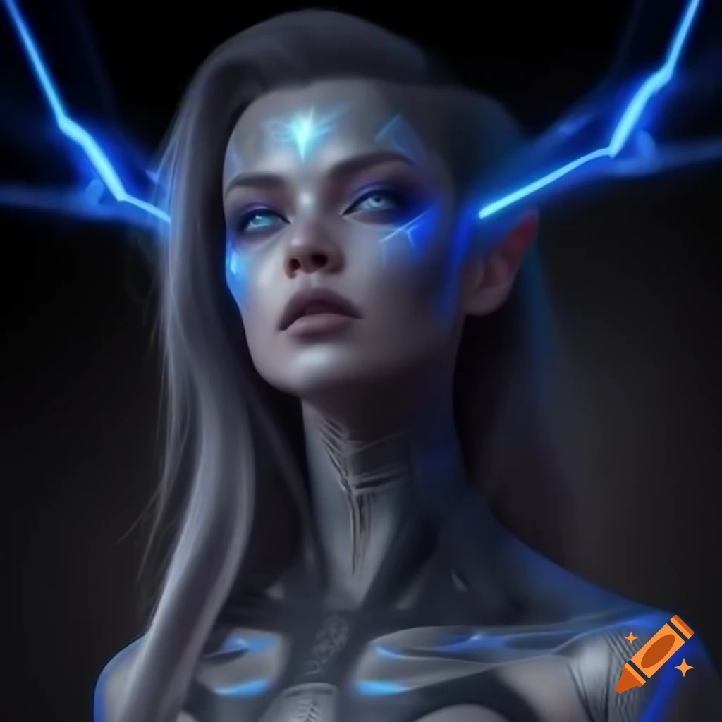 Unique hybrid entity with blue skin and digital tattoo of blue light ...