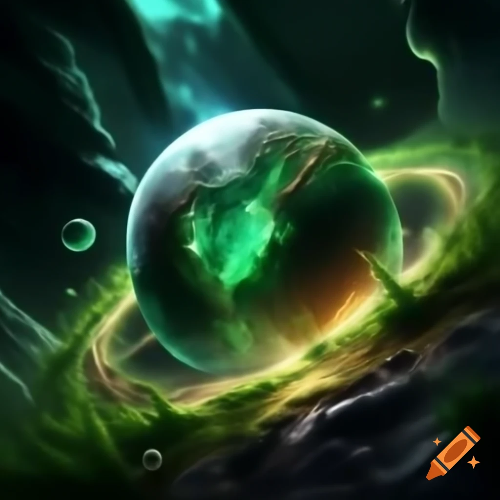 Planet with emerald core and vibrant natural ecosystem on Craiyon