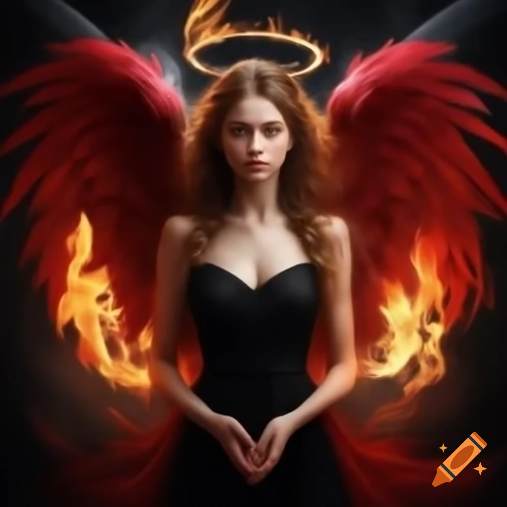 Angel girl with red wings in black dress controlling fire, high detail ...