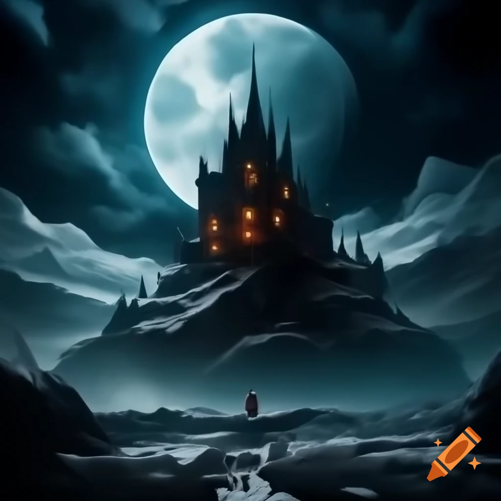 Vampire castle against full moon atop snowy rocky mountain on Craiyon