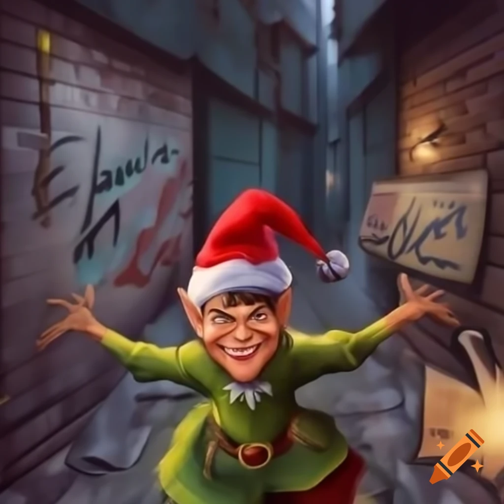 Hip-hop elf in Santa hat with festive graffiti art in city alley on Craiyon