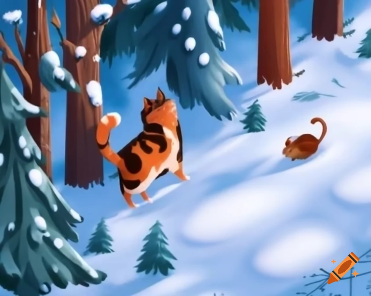 Calico cat and mouse in snowy winter forest from high angle on Craiyon
