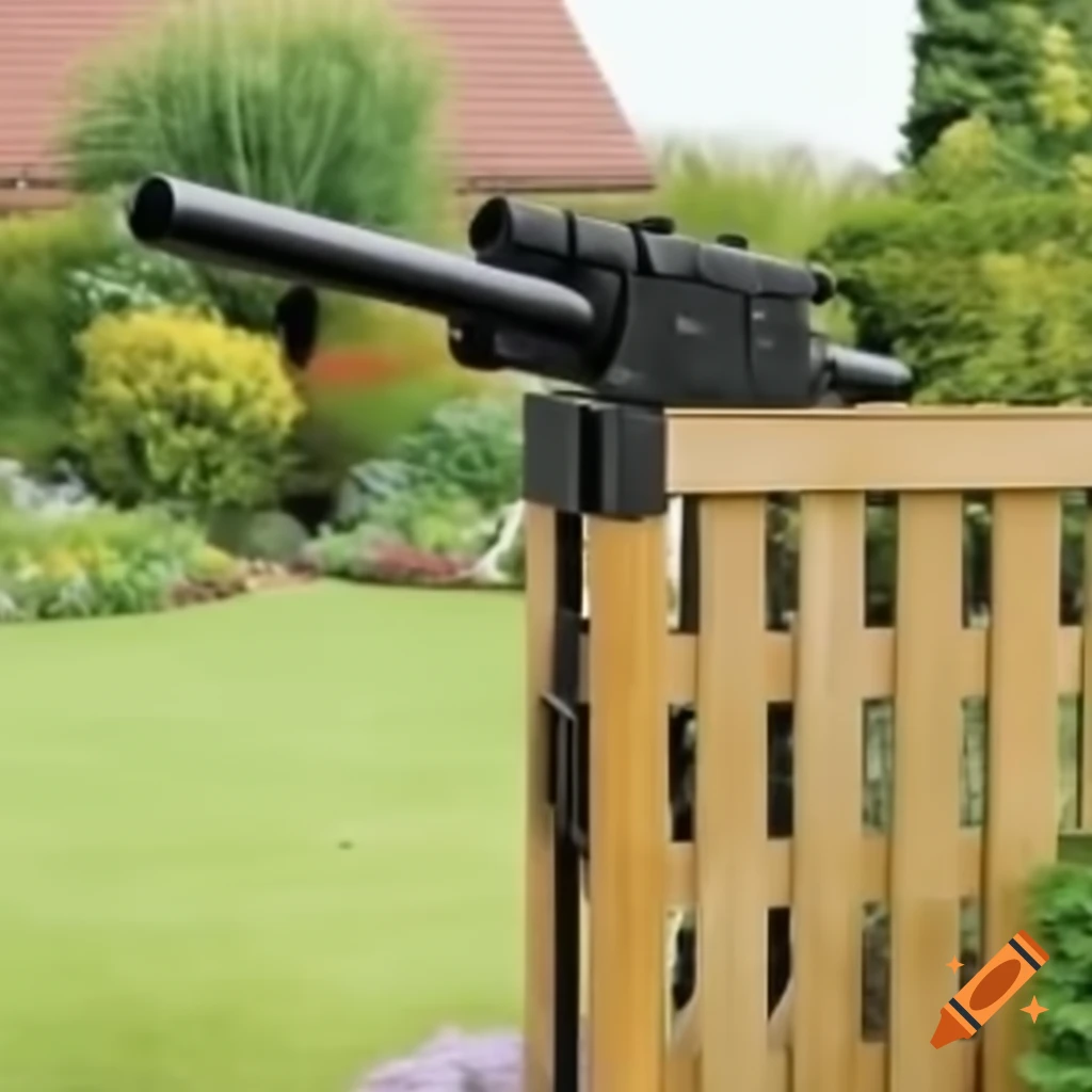 Fence with gun turret enclosing a garden area on Craiyon