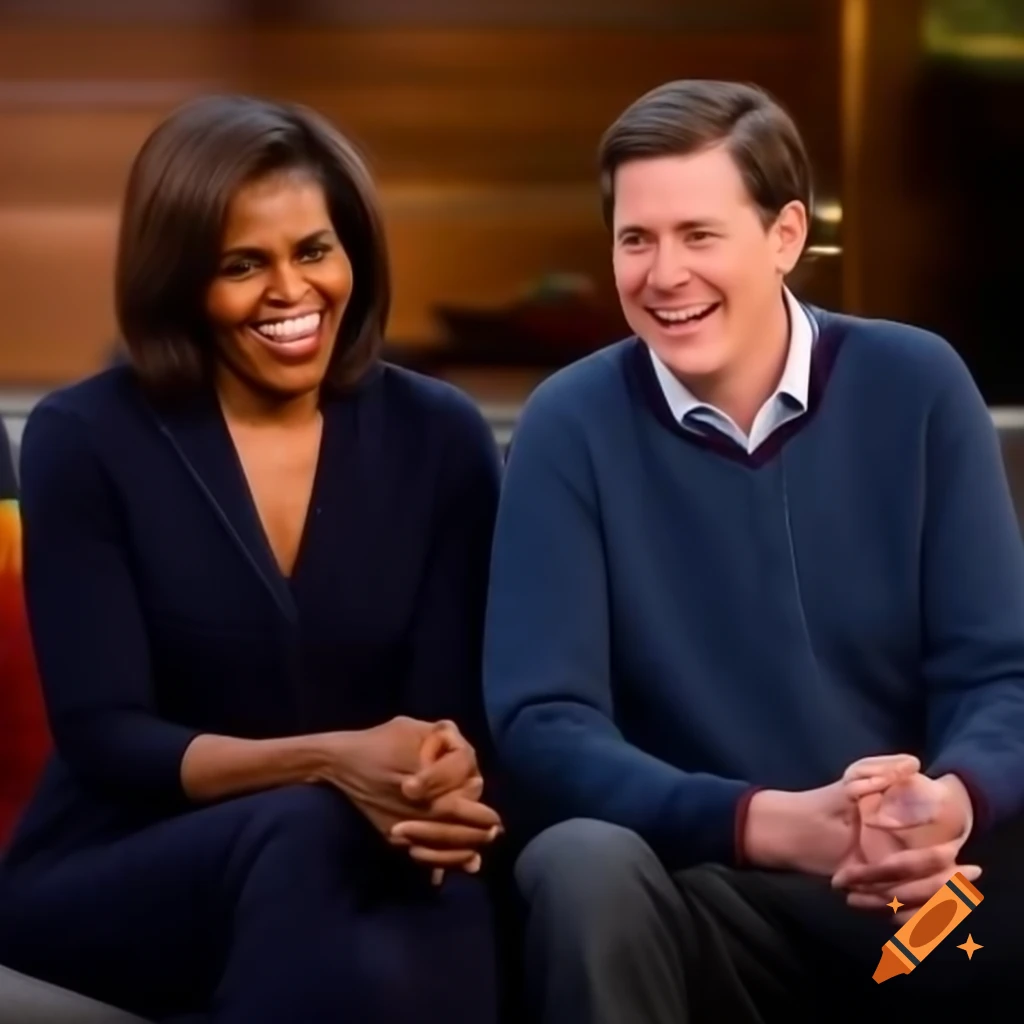 Michelle Obama and Doug Emhoff sitting on sofa with Pride flag in ...