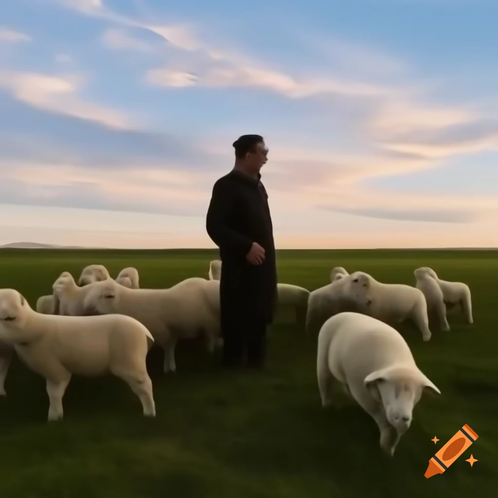 Pastor with flock of sheep in a field with flowers and clear sky on Craiyon