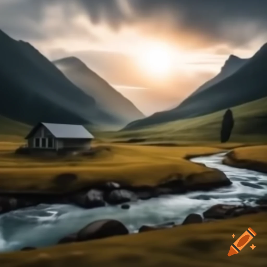 House in valley between mountains with river and wildlife, featuring ...