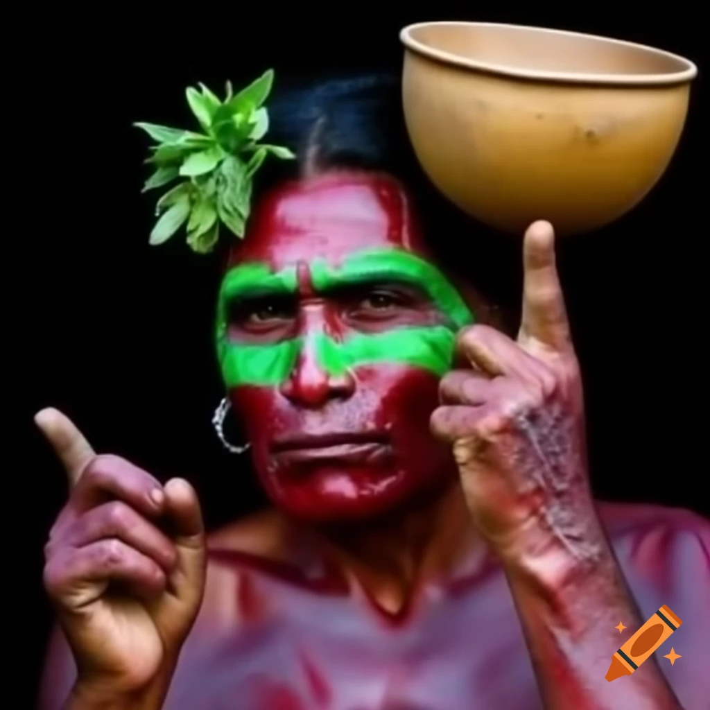 Indigenous person in traditional face paint gesturing in disapproval on ...