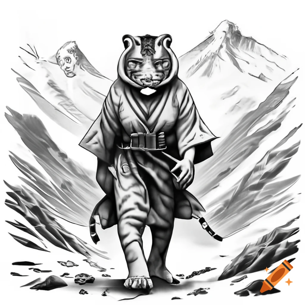 Buff tiger in a kimono walking up snowy mountain on Craiyon