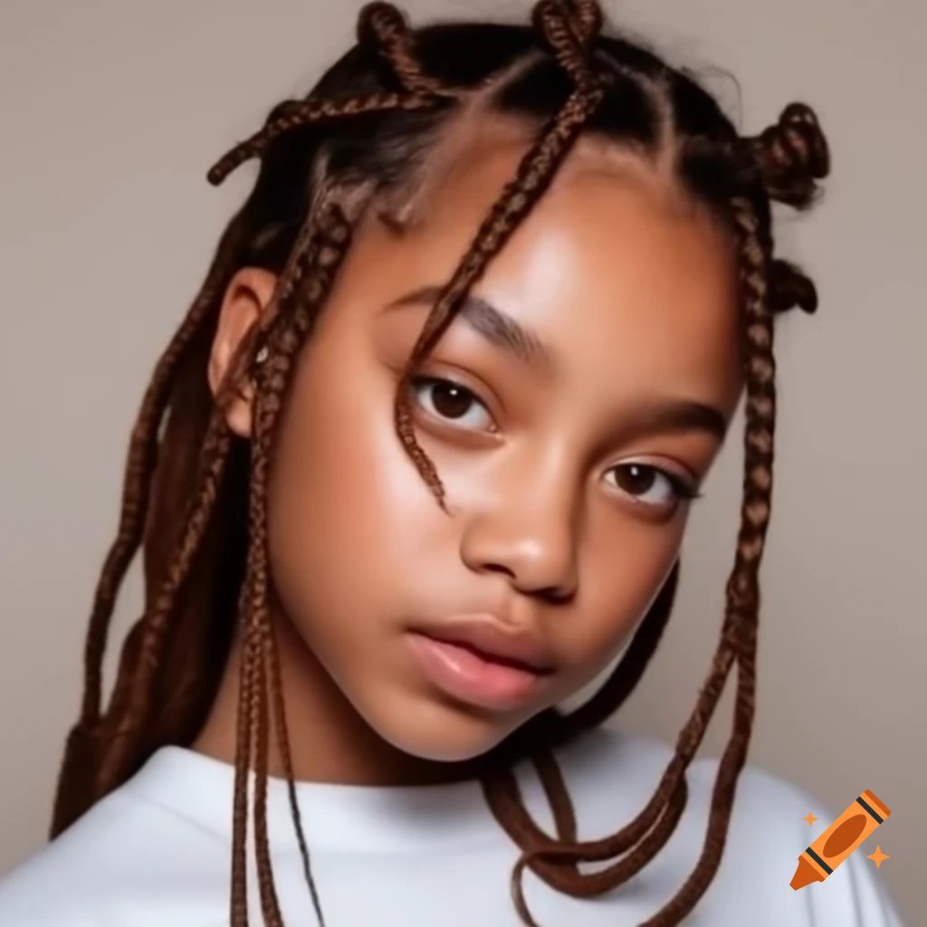 Young woman with biracial features and brown braids in relaxed clothing ...