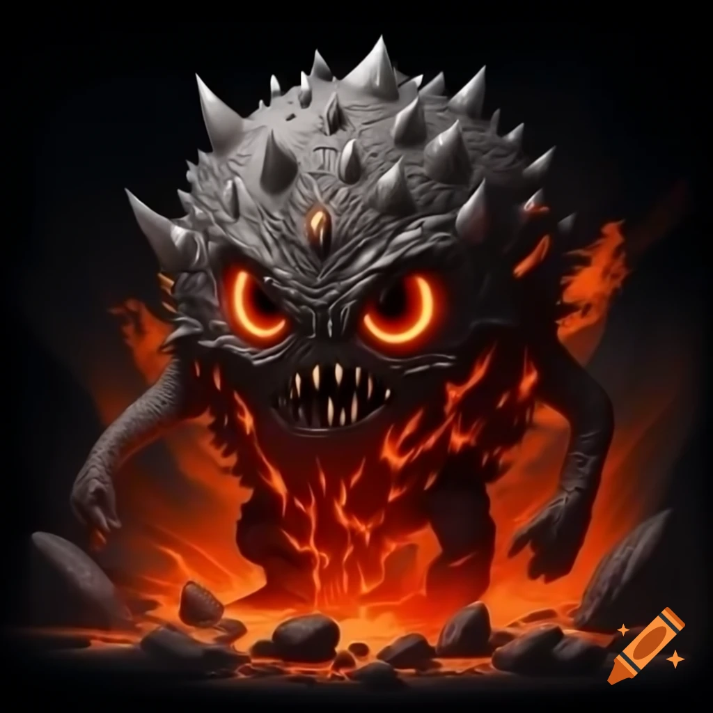Spiky spherical creature with lava rock skin and red eye on Craiyon