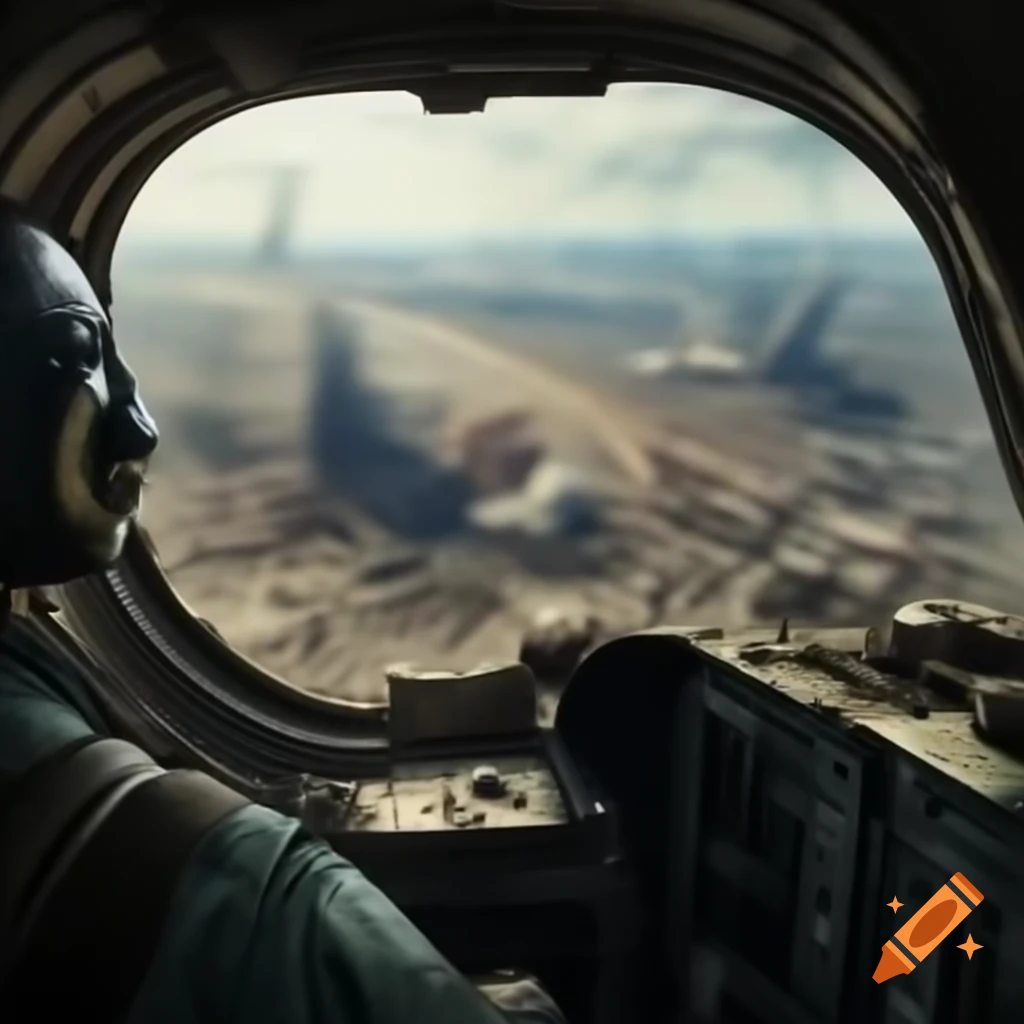 Cockpit view of a bombarded city showing destruction on Craiyon