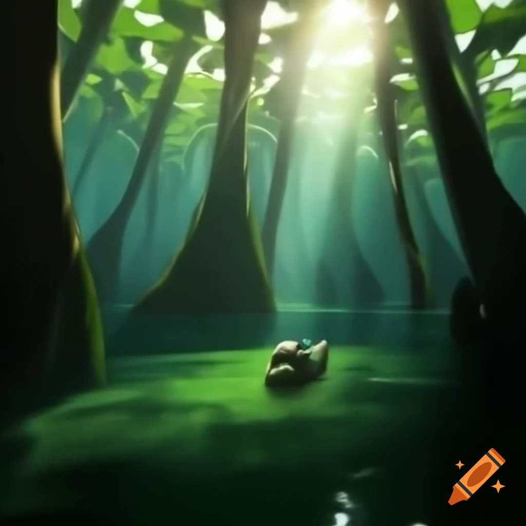 Skeletal figure floating in dark swamp water with sunlight through ...