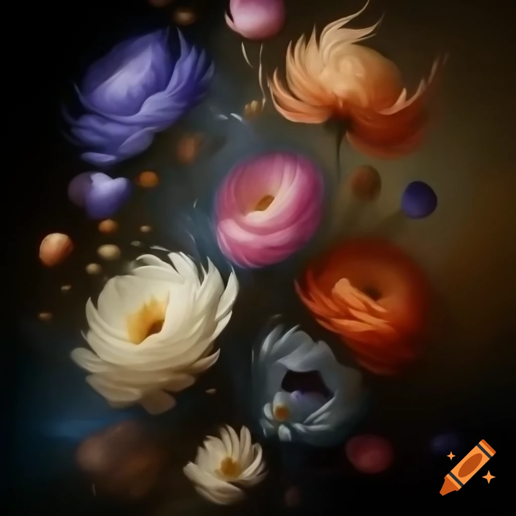 Vibrant painting of large stylized flowers with dynamic movement on Craiyon