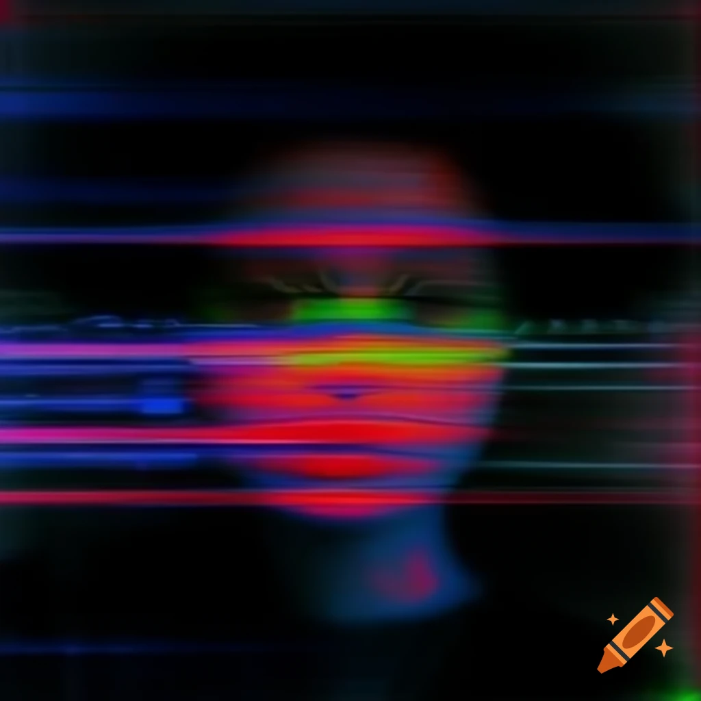 Distorted glitch art close-up of a person's face with vibrant colors on Craiyon