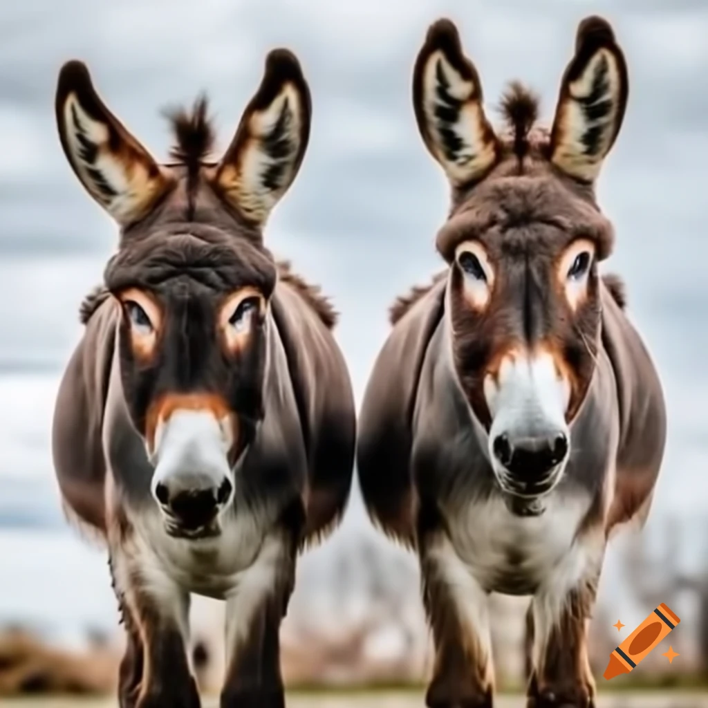 Two strong donkeys standing contentedly side by side on Craiyon