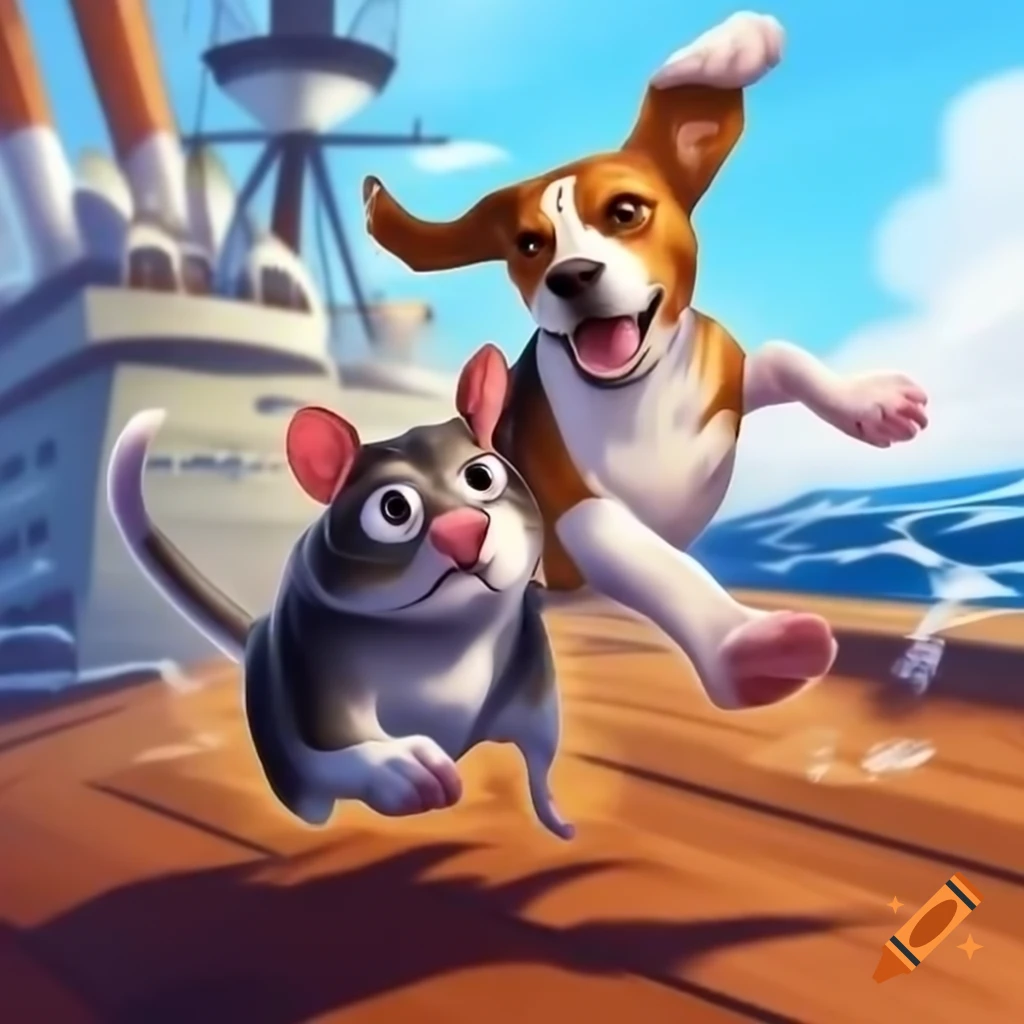 Beagle chasing cat and rat on ship's deck on Craiyon