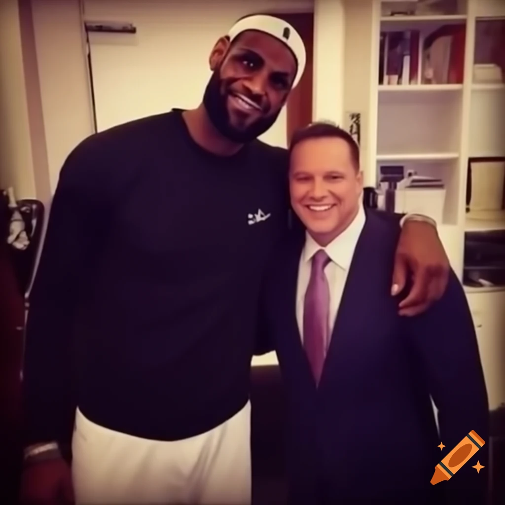 LeBron James smiling and greeting Joe Rogan in an office setting on Craiyon