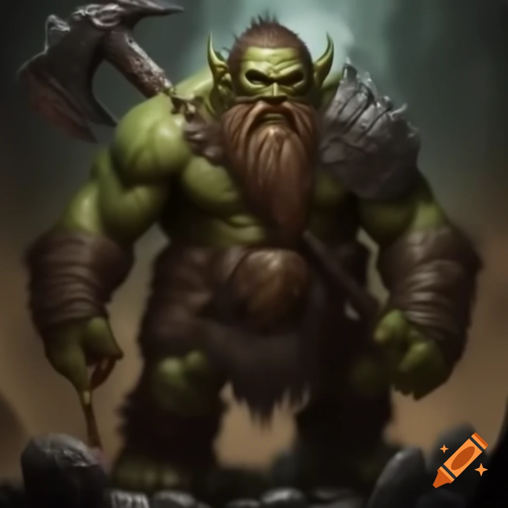Colossal orc berserker wielding massive axe with muscular build on Craiyon