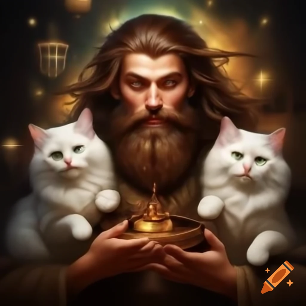 Young man with beard and ragdoll cats performing magical ritual on Craiyon