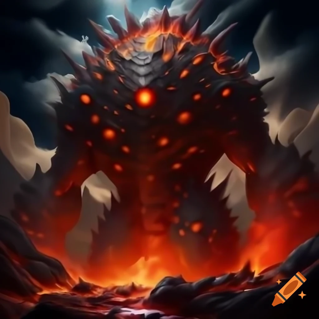Spiky spherical creature with lava rock skin, magma veins, and a red ...
