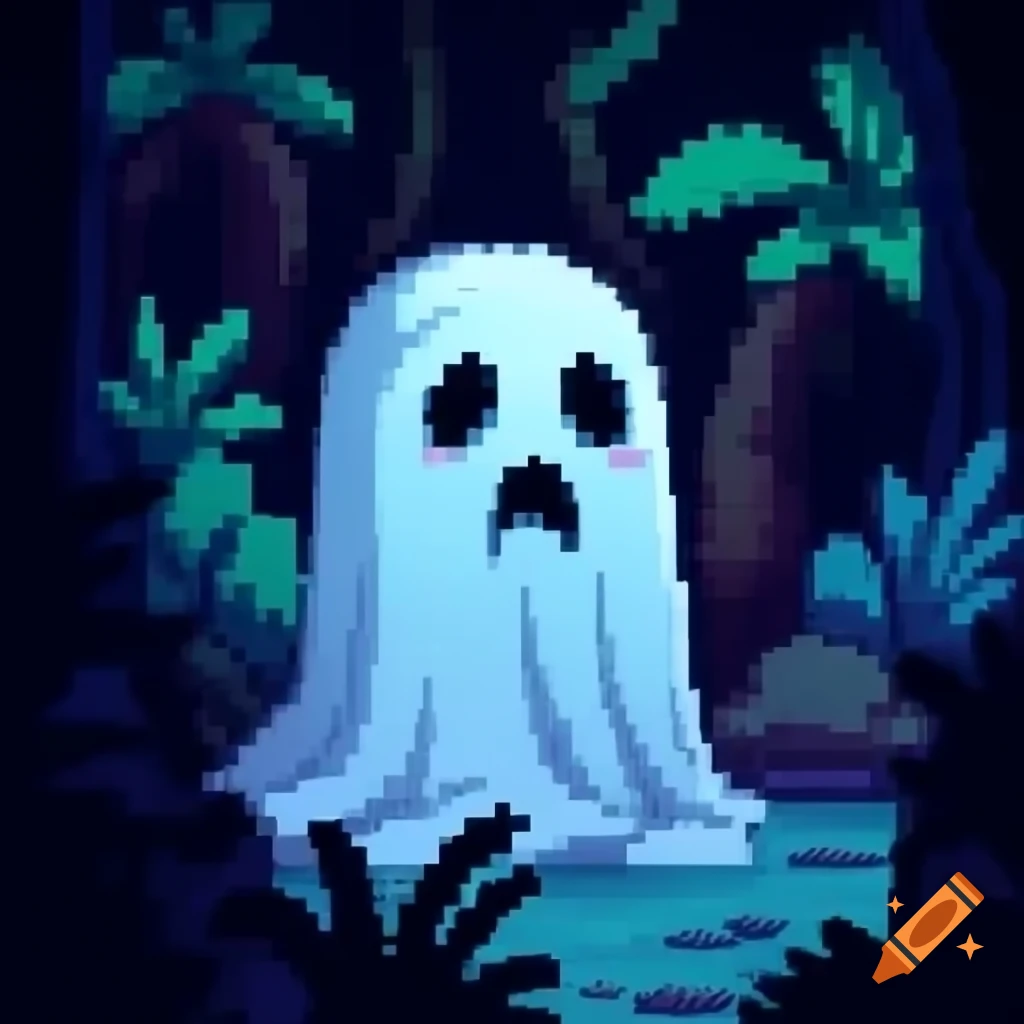 Scary pixelated cartoon ghost in jungle at night with dark background ...