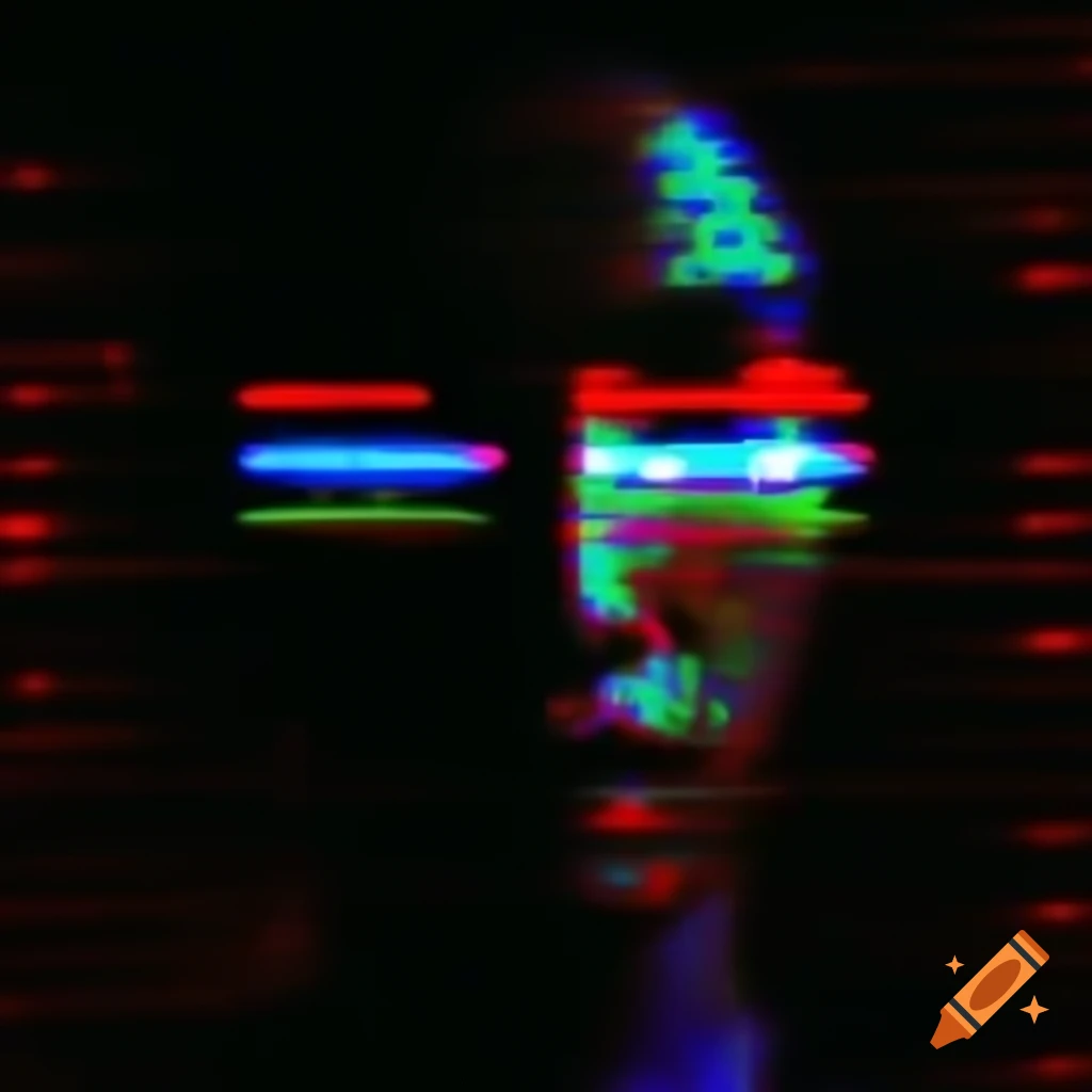 Distorted glitch art close-up of a person's face with colorful digital effects on Craiyon