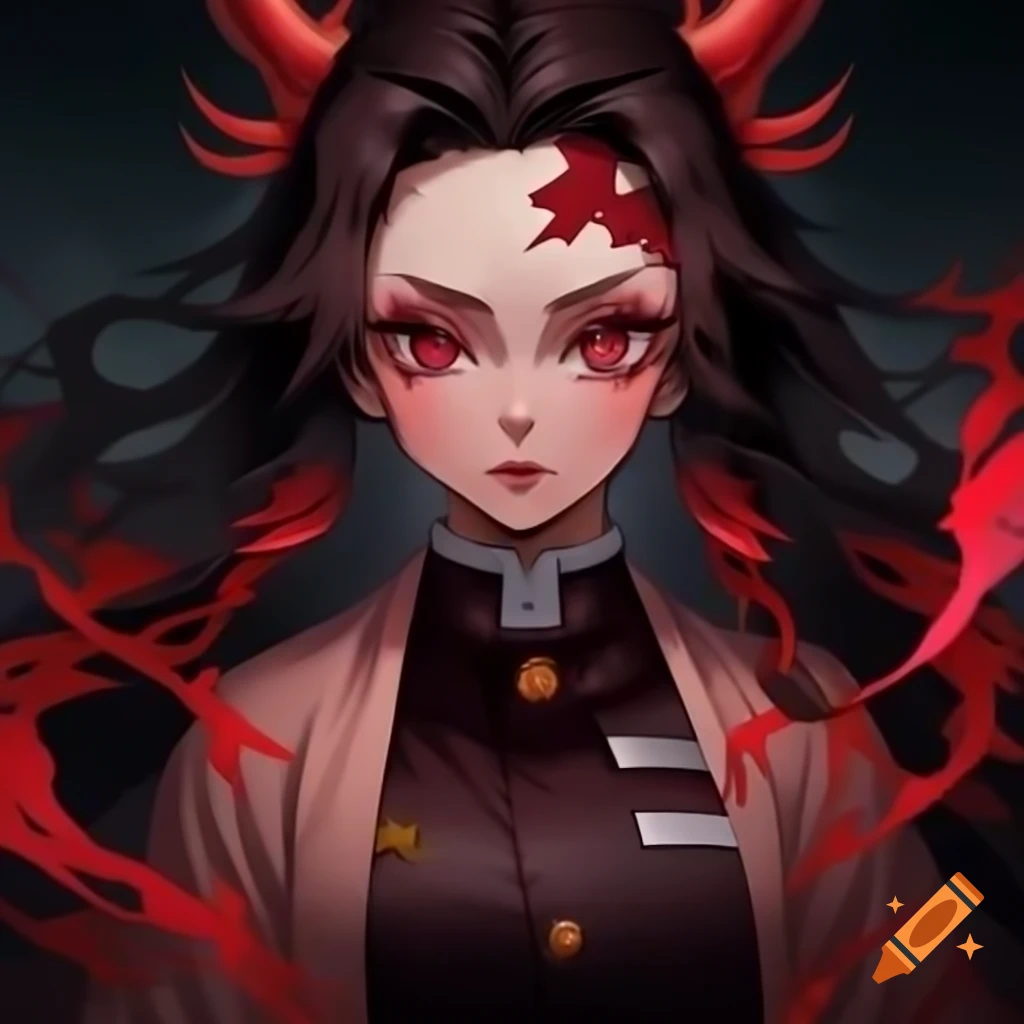 Anime maiden inspired by Demon Slayer with auburn hair and black-red ...