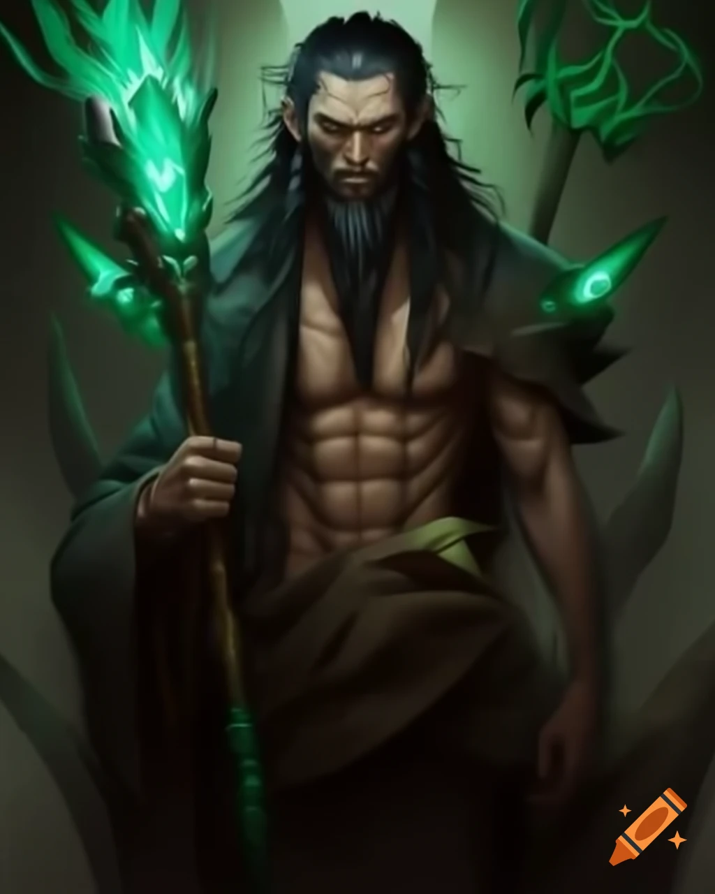 Detailed illustration of muscular middle-aged male monk in dark robes ...