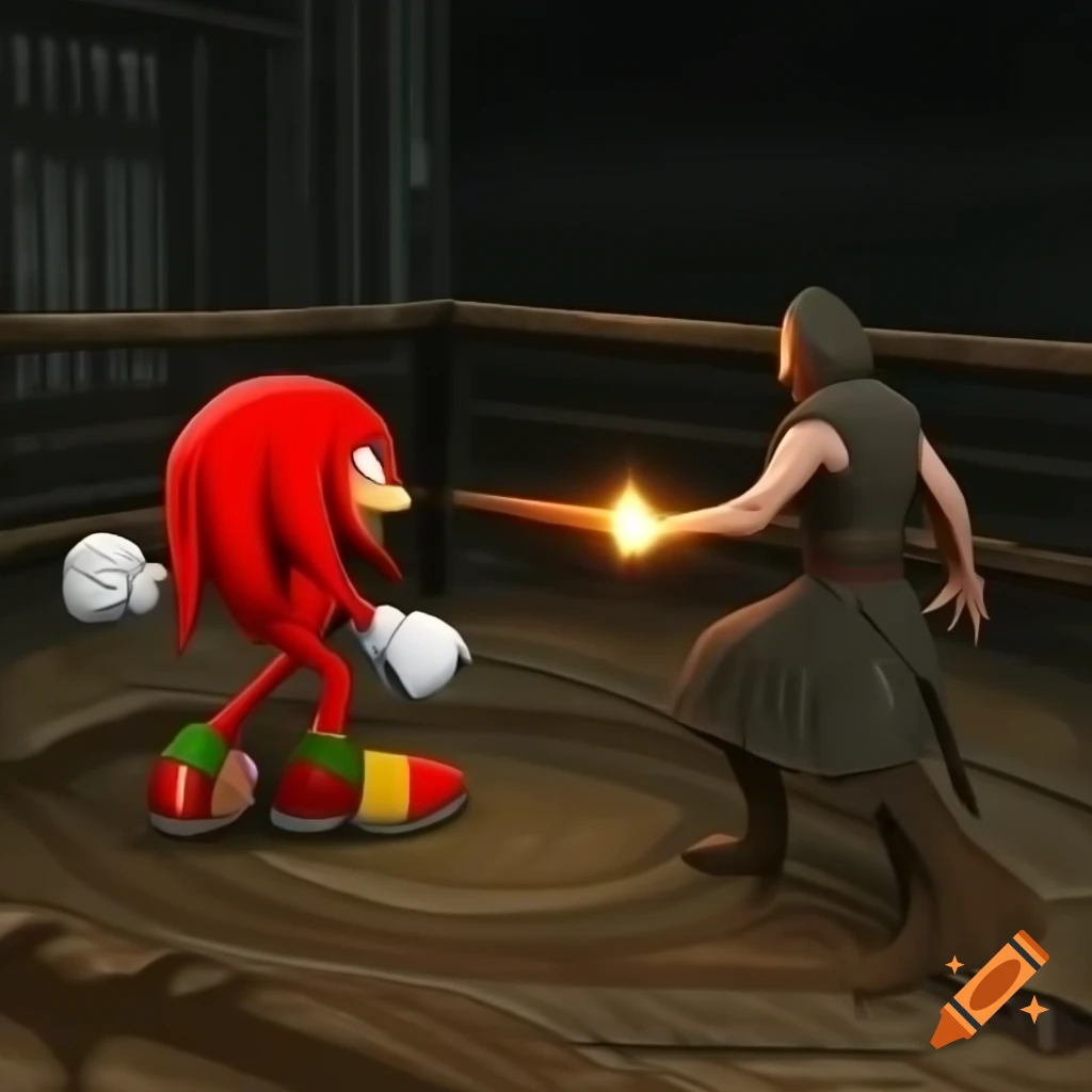 Knuckles the Echidna character battling in Elden Ring game on Craiyon
