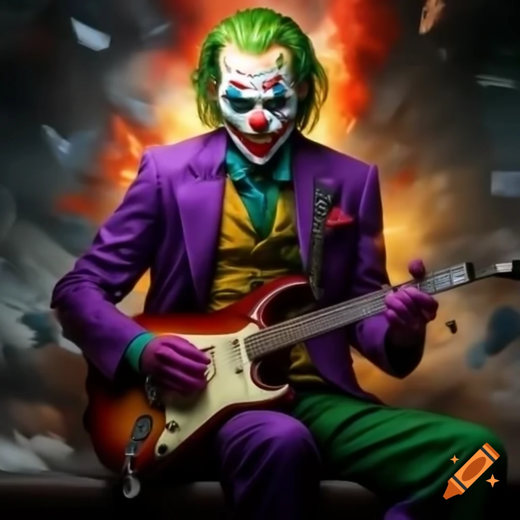 Joker character playing electric guitar in front of explosion on Craiyon