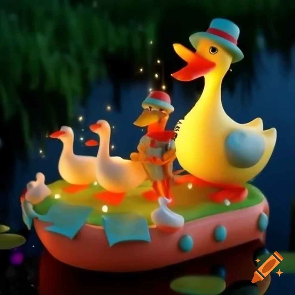 Parade float featuring duck statue, geese wings, snake with lights, and ...