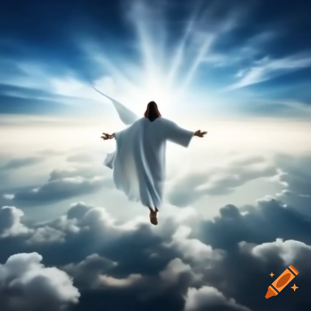 Jesus ascending through clouds of heaven overlooking the world on Craiyon