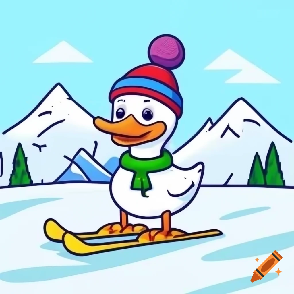 Cartoon-style duck skiing on mountain slopes on Craiyon