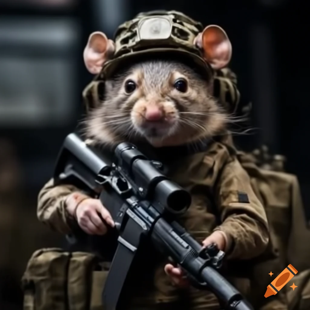 Rat in combat gear holding M4 rifle on Craiyon