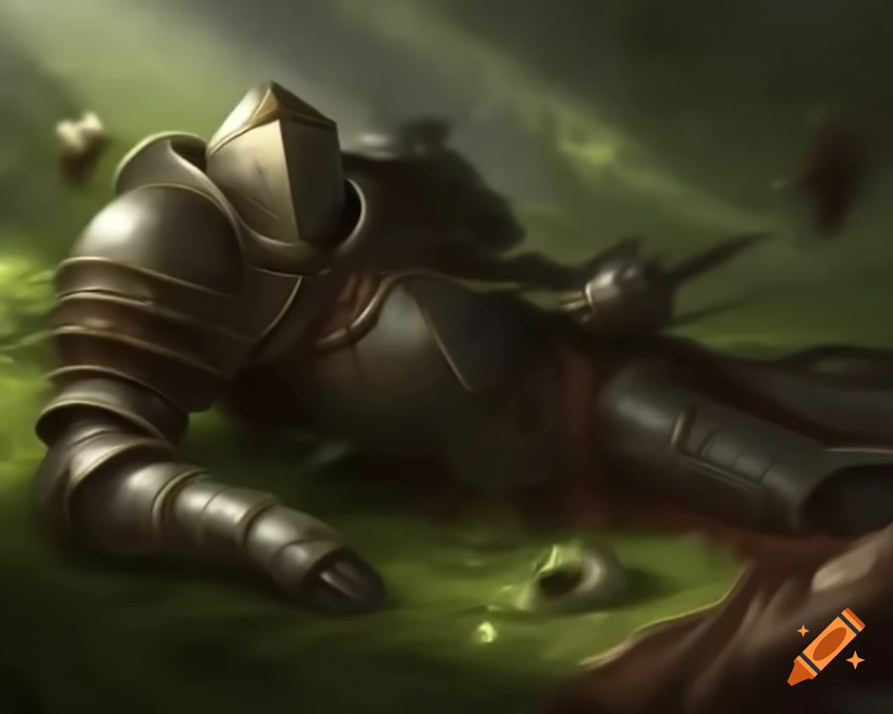 Tarnished armor of fallen knight in landscape overtaken by pulsating ...