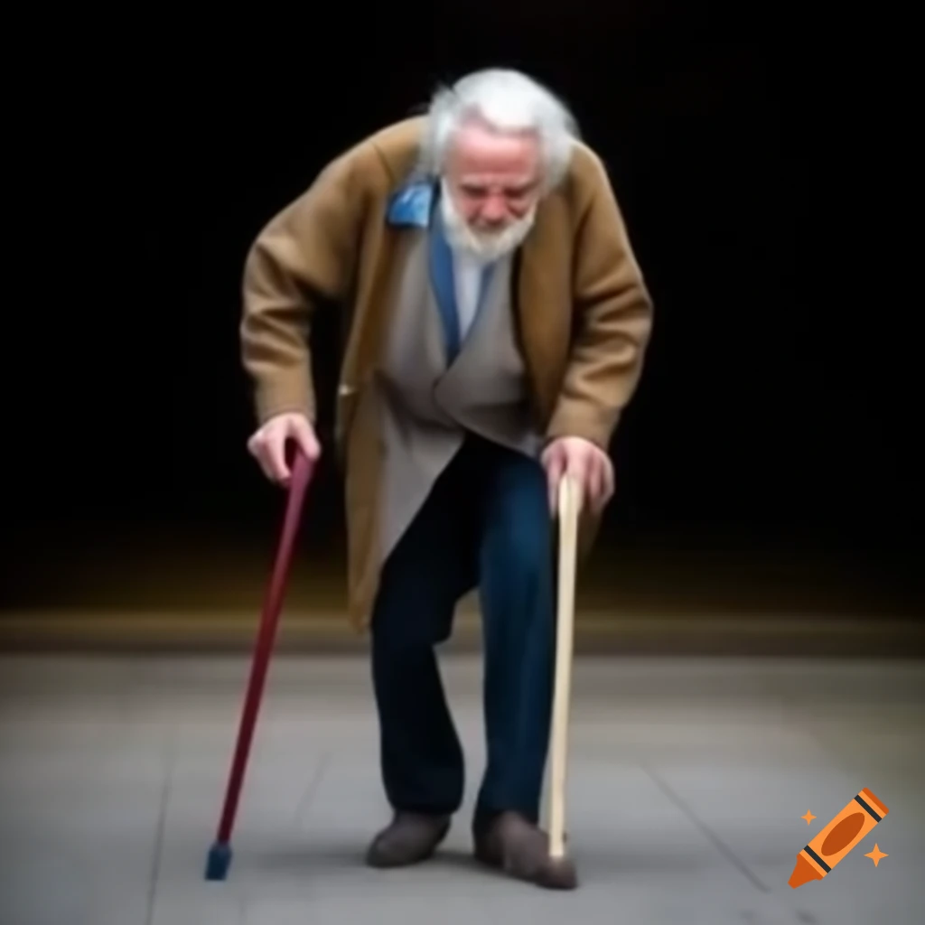 Hunchbacked old man walking with a cane, expressing lower back pain on ...