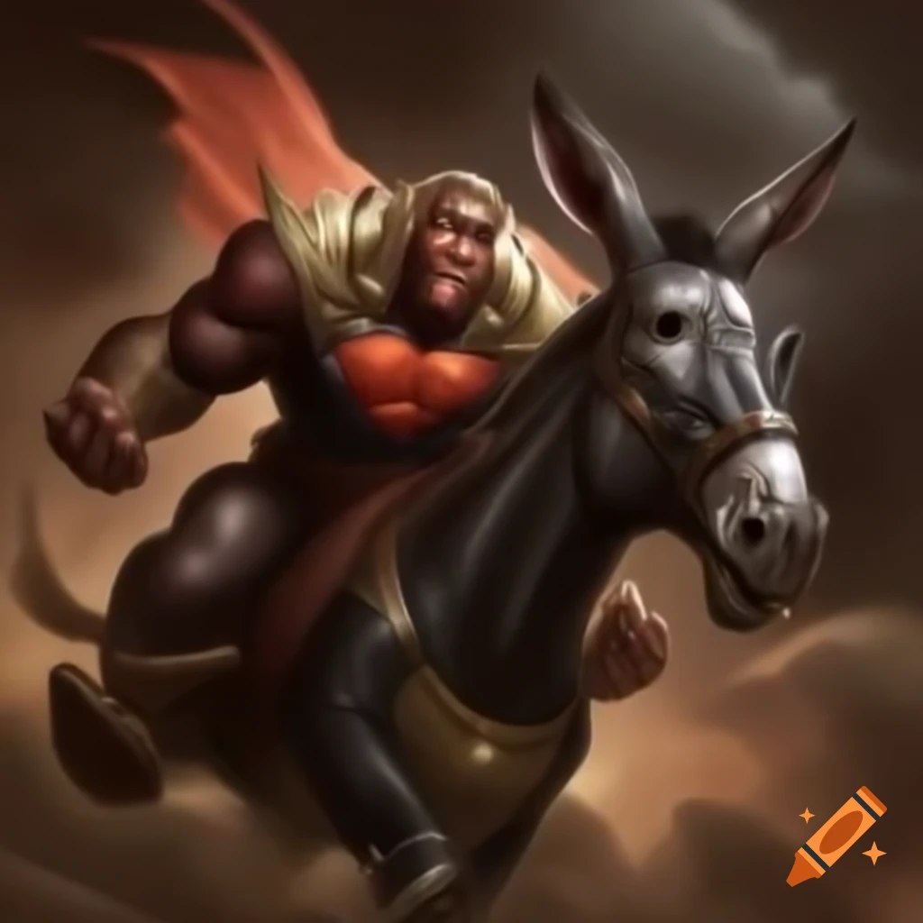 Muscle-bound superhero in x-men style riding strong donkey on Craiyon
