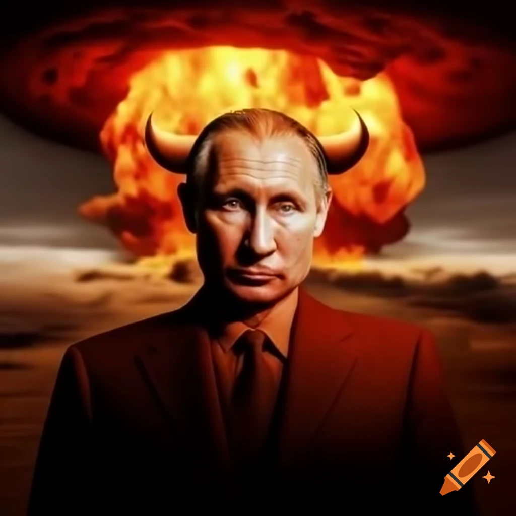 Political satire of Vladimir Putin with devil horns overlaid on nuclear ...