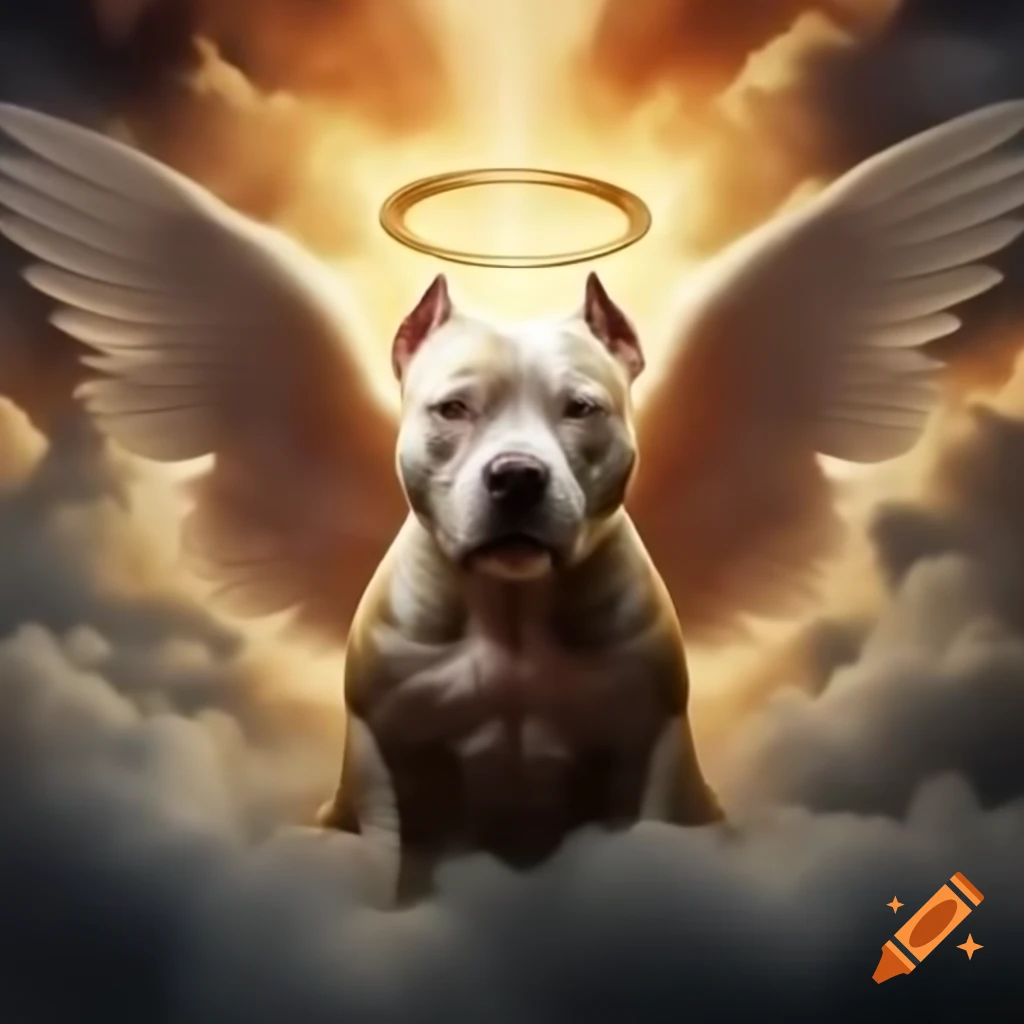 Pitbull depicted in heaven with pearly gates, clouds, and angelic ...