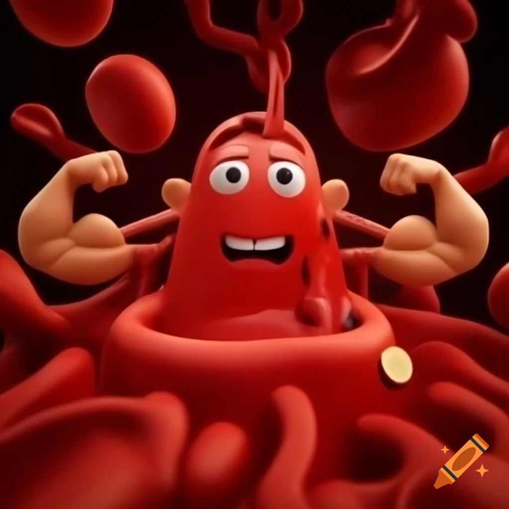 Animated red blood cell flexing muscles with gold medal on Craiyon