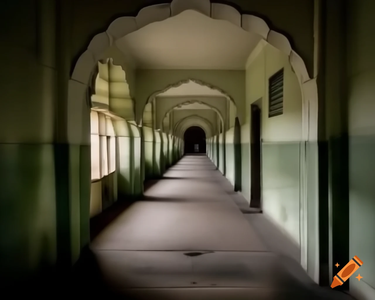 Old private school corridors with English architecture and Indian elements on Craiyon