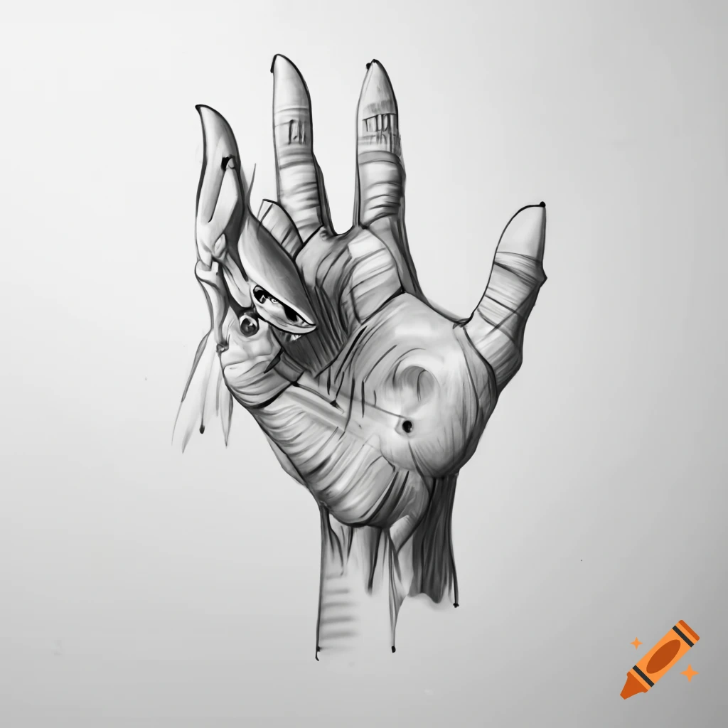 Stylized pen and ink drawing of human arm in dramatic gesture with ...