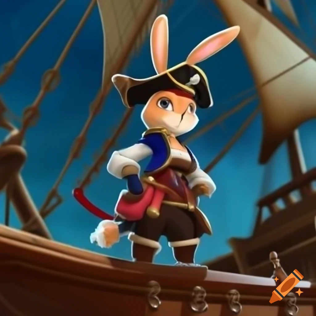 Anthropomorphic bunny girl in space pirate outfit on wooden galleon ...