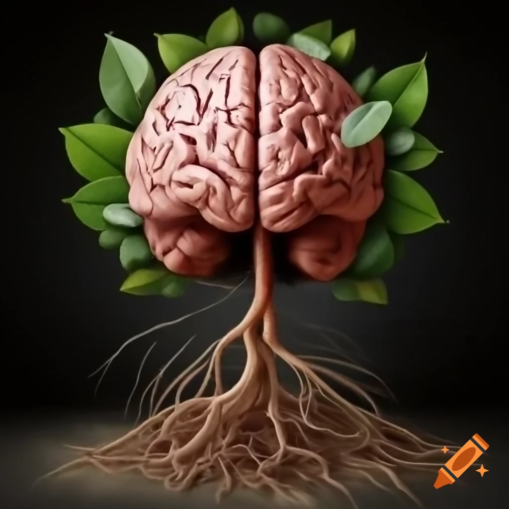 Conceptual art of a brain with leaves and lock, symbolizing growth and ...