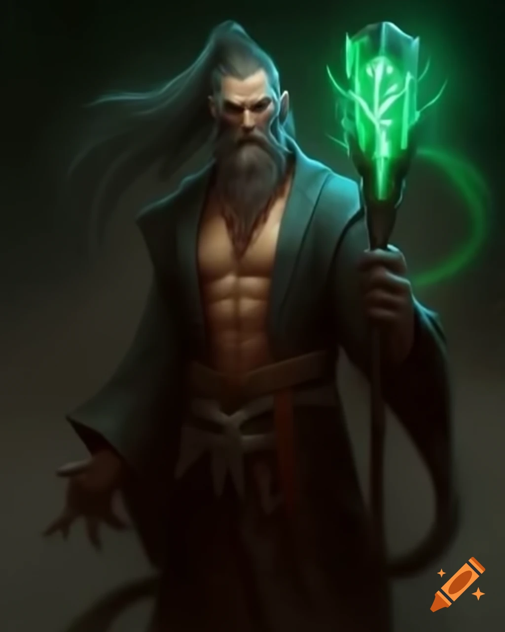 Muscular middle-aged male monk in dark flowing robes with intense gaze ...